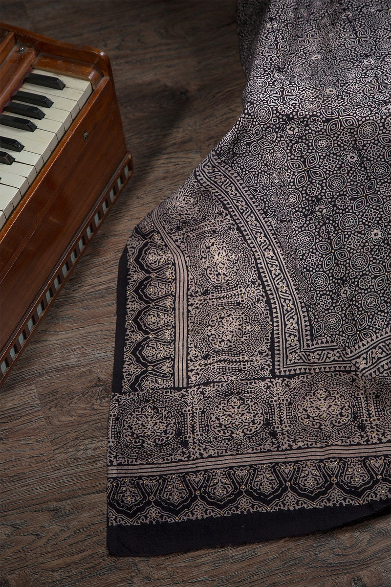 Black Blockprint Dupatta | Hand Block Print with Diamante | QUMAS